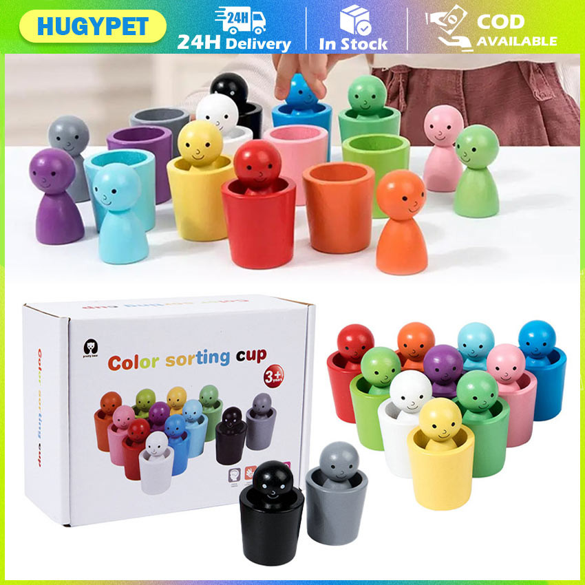 Montessori Color Sorting Cup Toys Set Rainbow Wooden Peg Dolls Matching ...