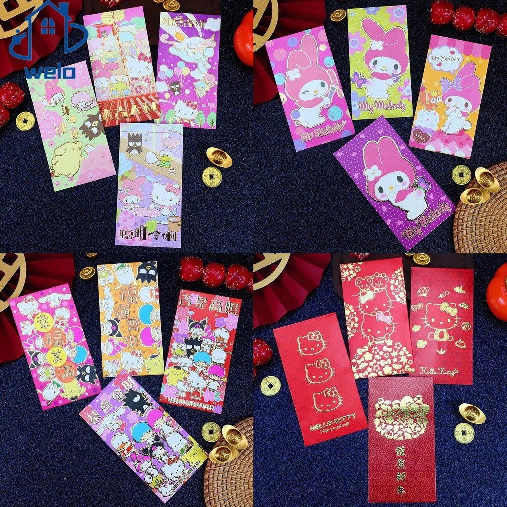 WELO 2025 Sanrio Hellokitty Red Envelope 6pcs Cinnamoroll Kuromi Purin ...