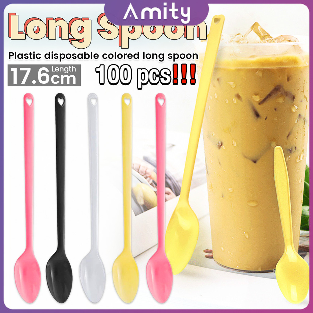 Amity 100pcs Disposable Plastic Spoon Colored Long Teaspoon for Dessert ...