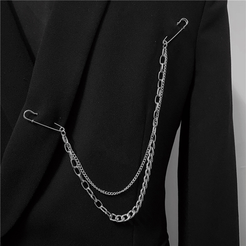 Simplicity Trendy Double Layer Long Chain Pin Brooch for Men Women Suit ...