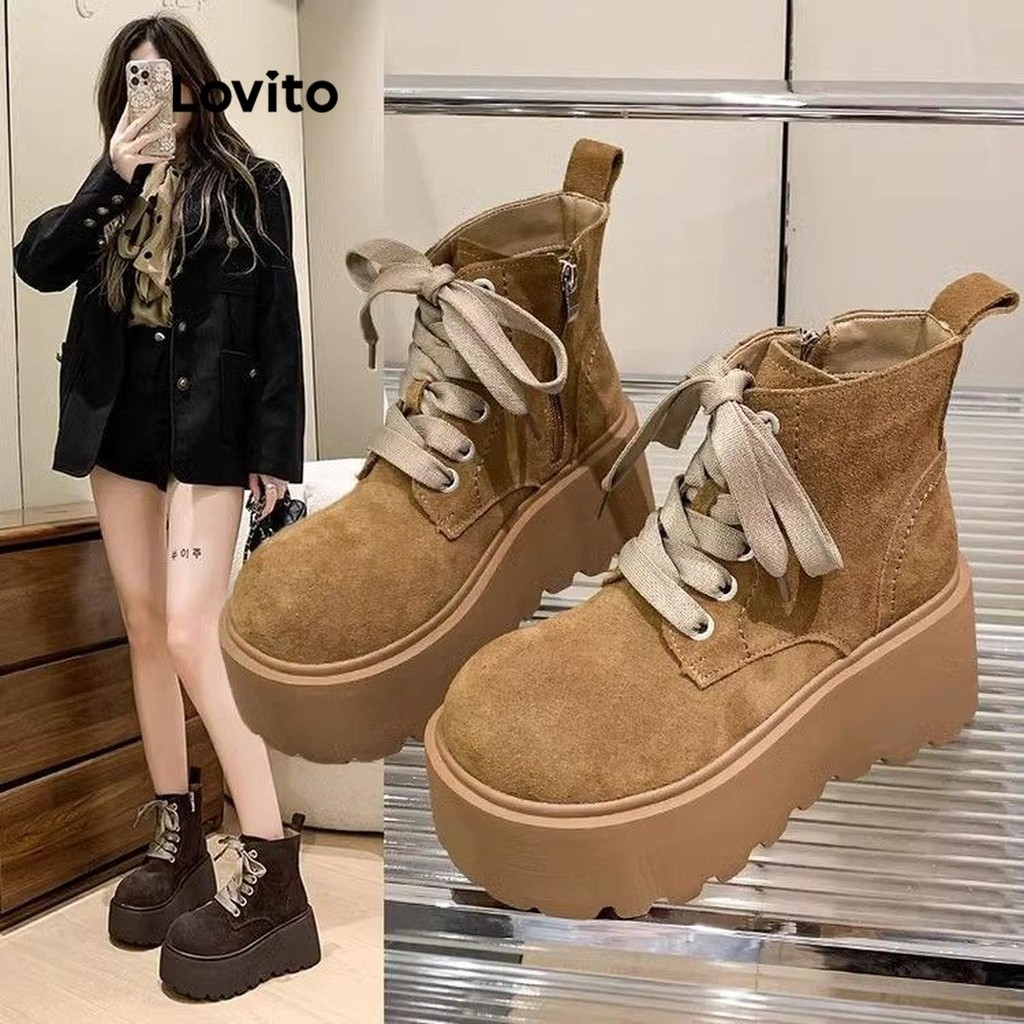 Lovito Women Vintage Plain Retro Middle Tube Maillard Versatile With ...
