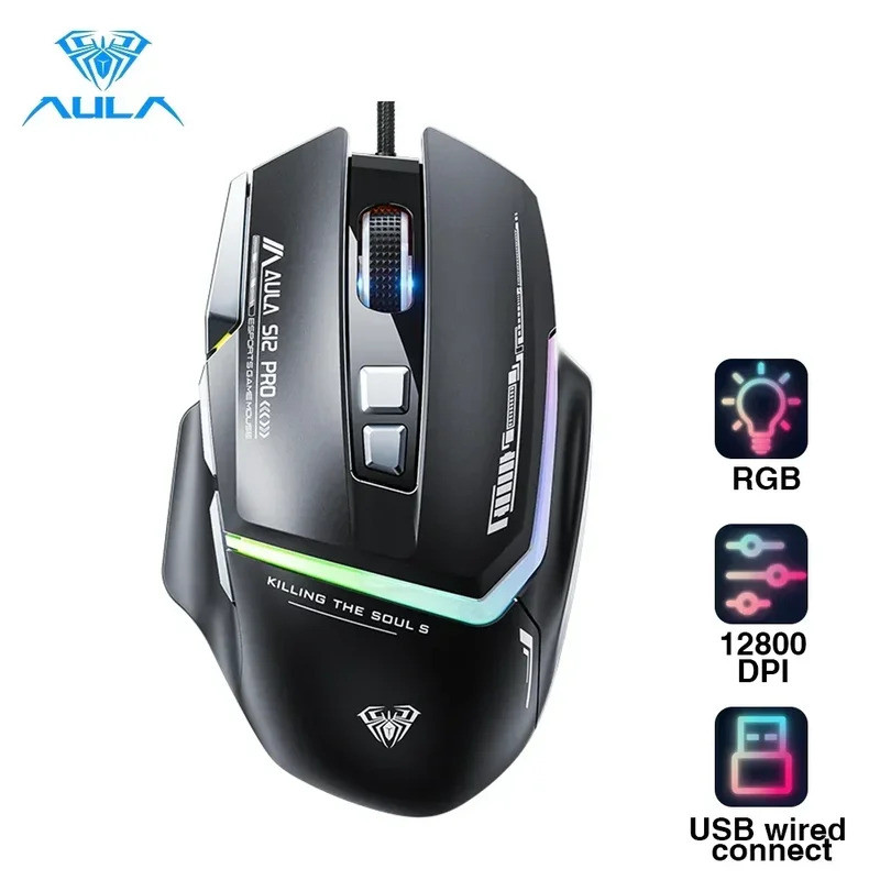 AULA S12Pro Wired Mechanical Mouse 1000HZ 12800DPI RGB Low Latency ...