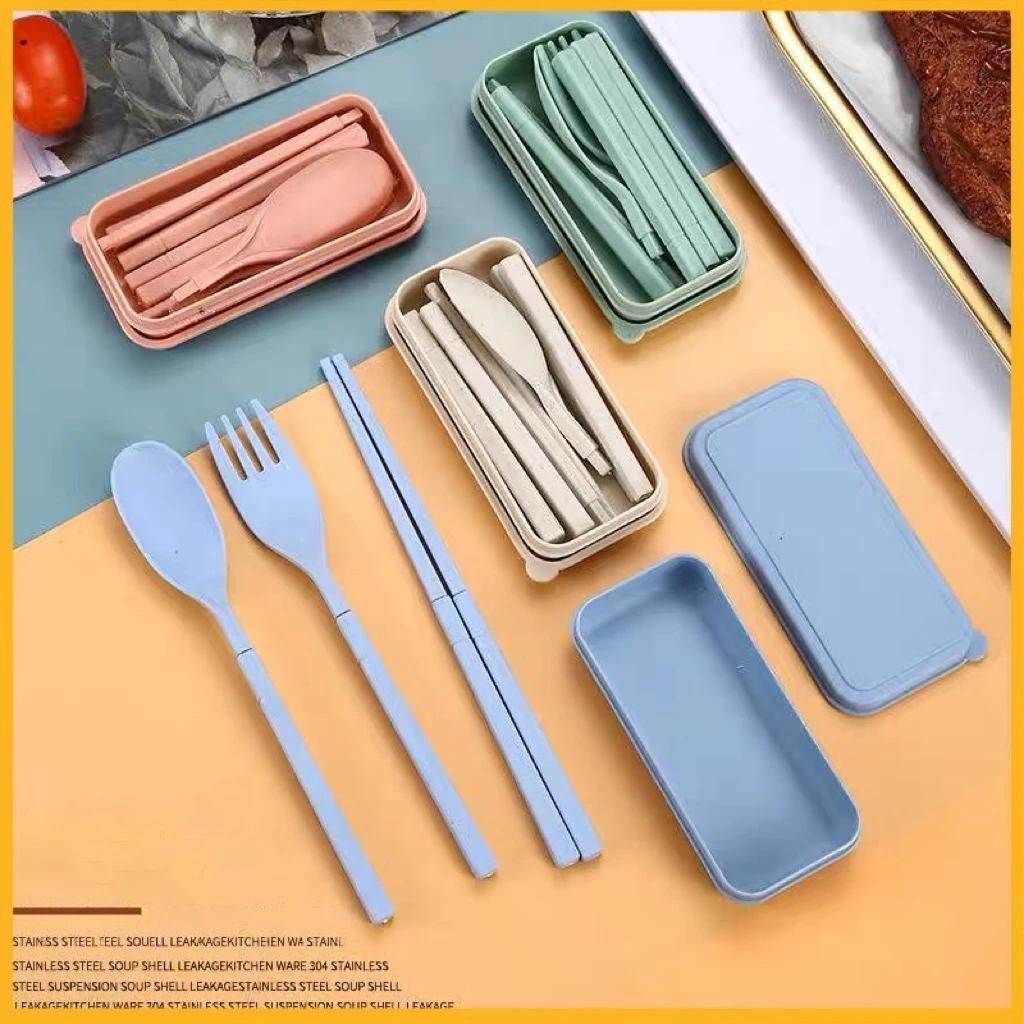 3pcs Set Reusable Folding Wheat Straw Chopstick Spoon Fork Cutlery Set ...