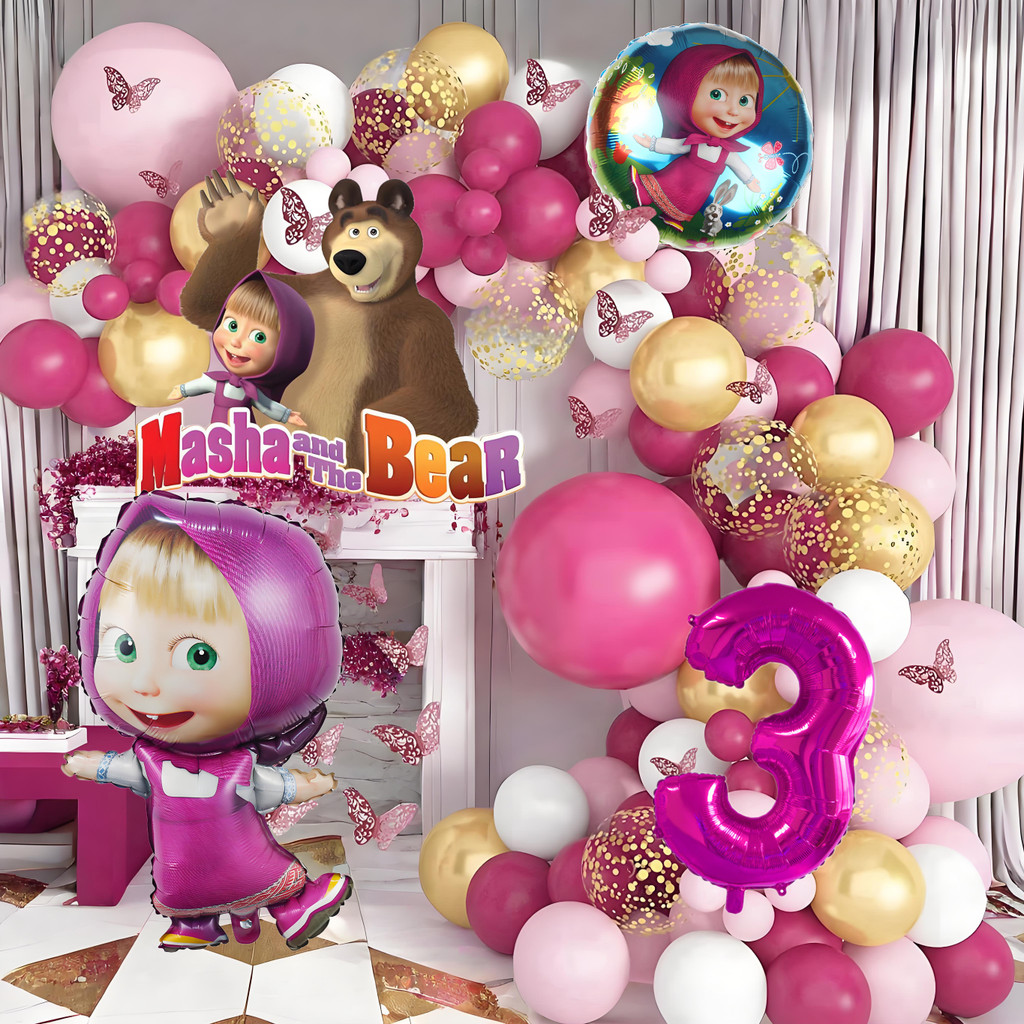 88pcs Masha and The Bear Theme Hot Pink Metal Golden Confetti Balloon ...