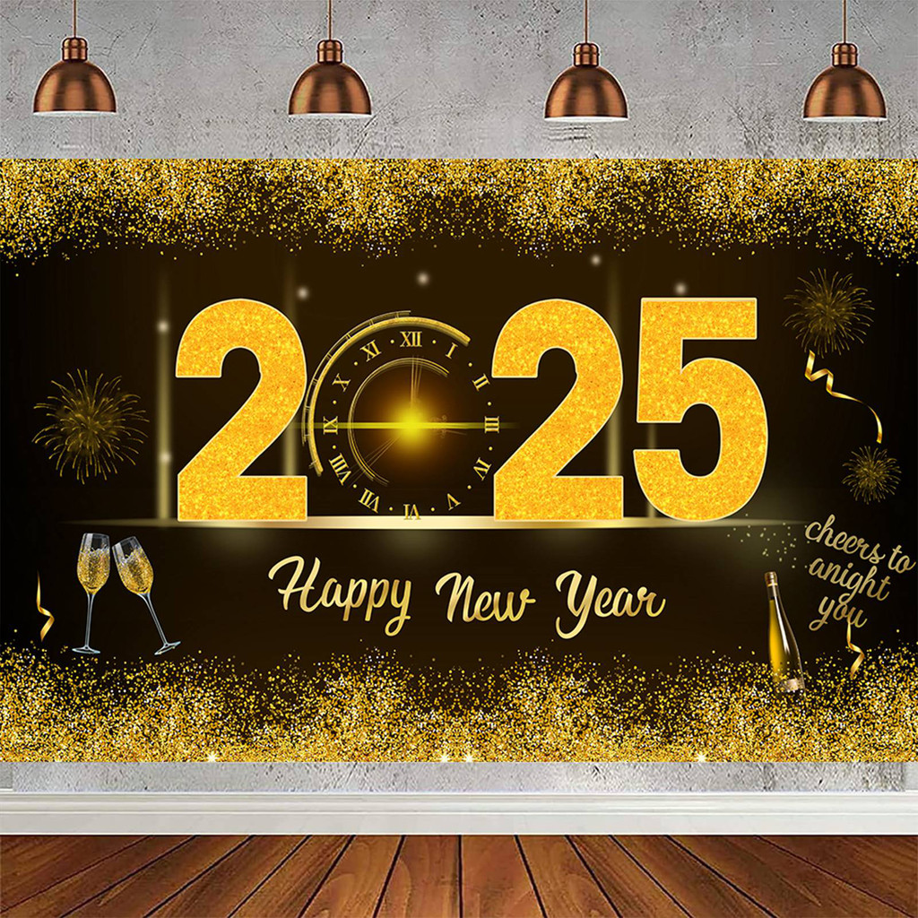 180*110CM Happy New Year 2025 Banner Backdrop Golden New Year Eve Large ...