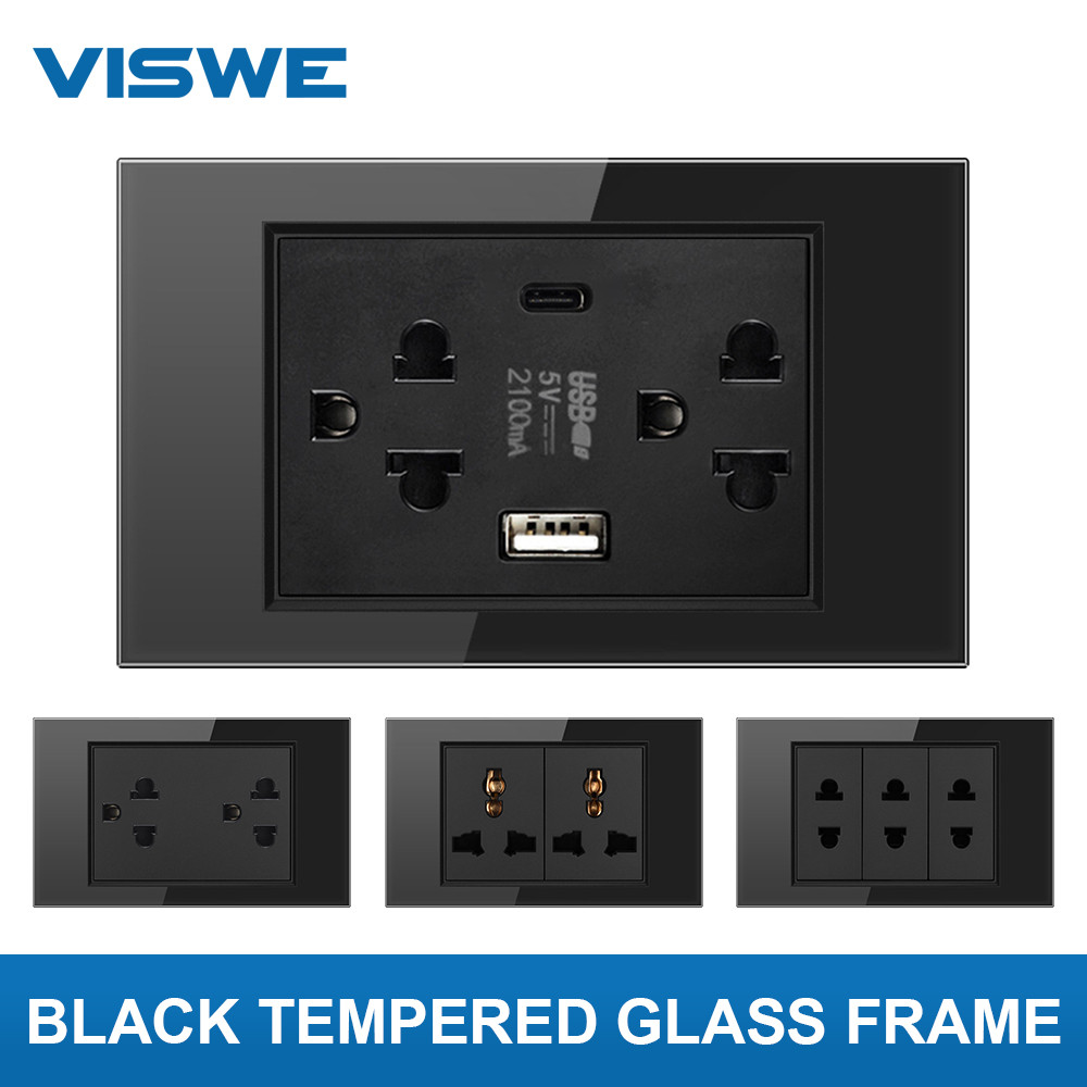 VISWE Black Glass Power Socket & Switch - 3mm Tempered, Child-Safe, 110 ...