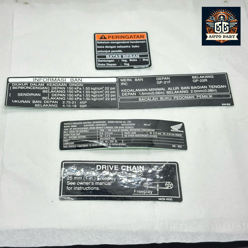 Original HONDA STICKERS INFO WARNING STICK TIRE DRIVE CHAIN GG Autopart ...