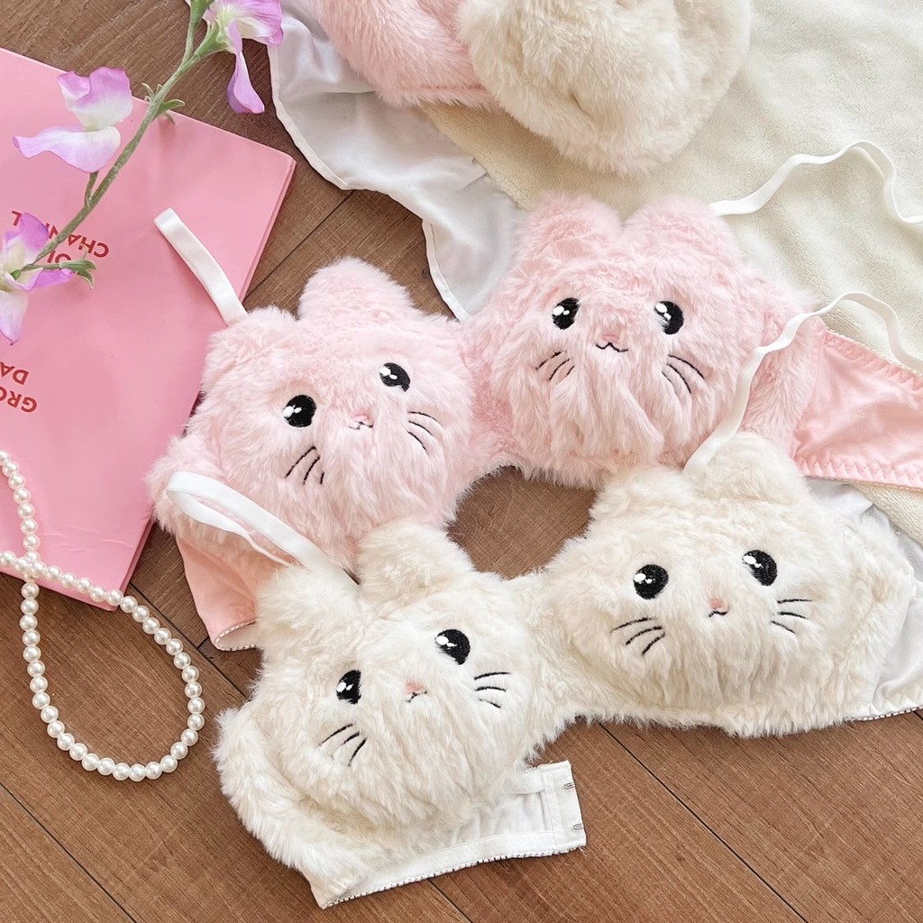 Cute Cat Wireless Plush Bra Set Thermal Furry Underwear | Shopee ...