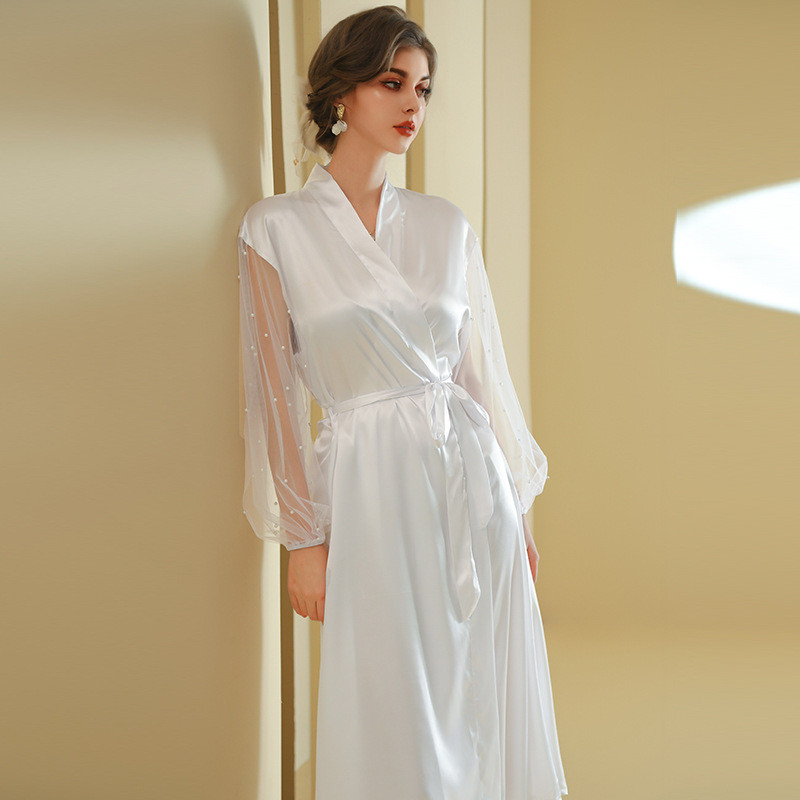 Four Seasons Universal Solid Color Thin Mesh Long Robe Nightgown ...