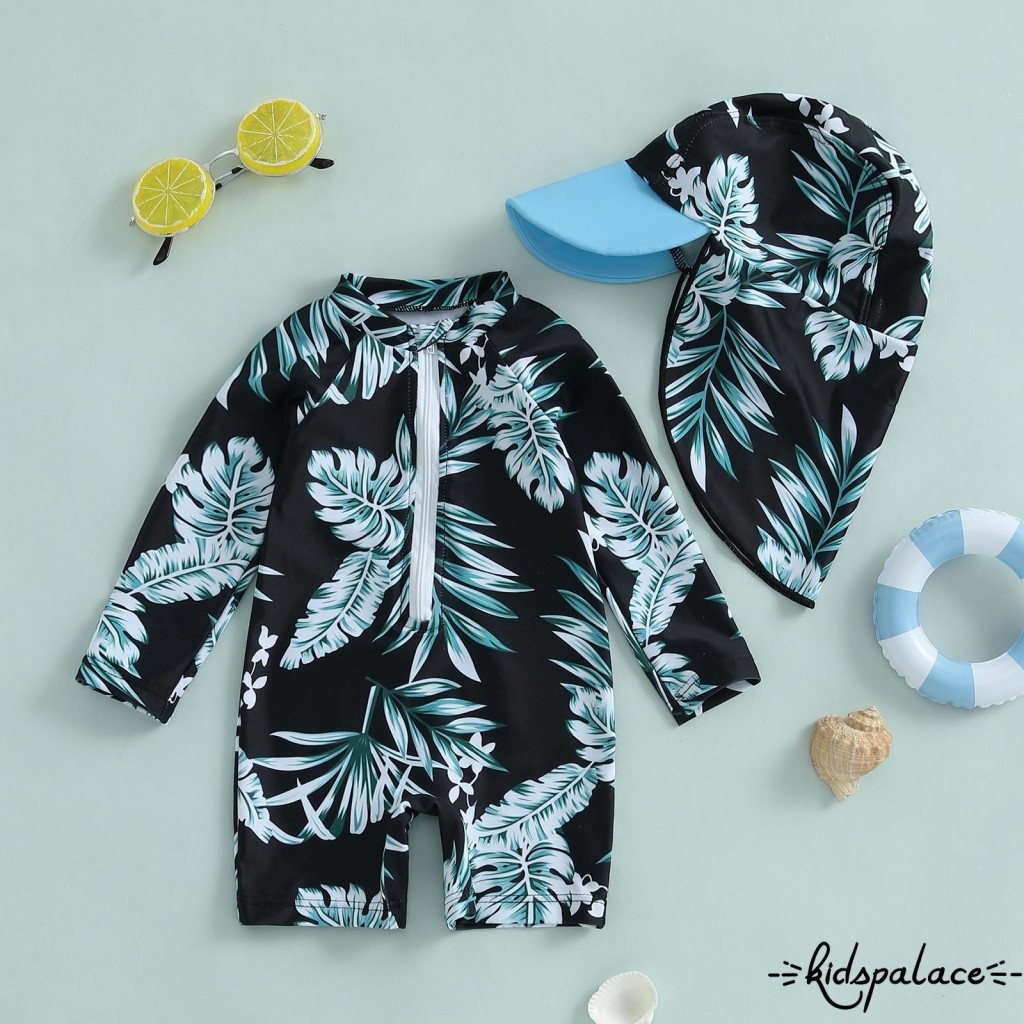 BbQ-Toddler Boy Rash Guard Swimsuit with Hat 2 Pcs Set Tropical Leaves ...