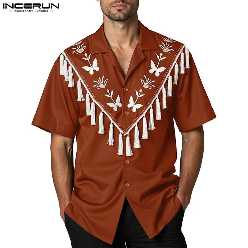 INCERUN men's printed tassel short sleeved shirt | Shopee Philippines