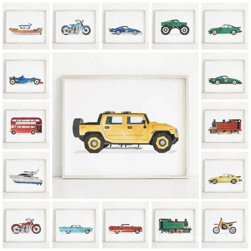 Vintage Car Train Motorcycle Nursery Canvas Art Watercolor Wall Decor ...