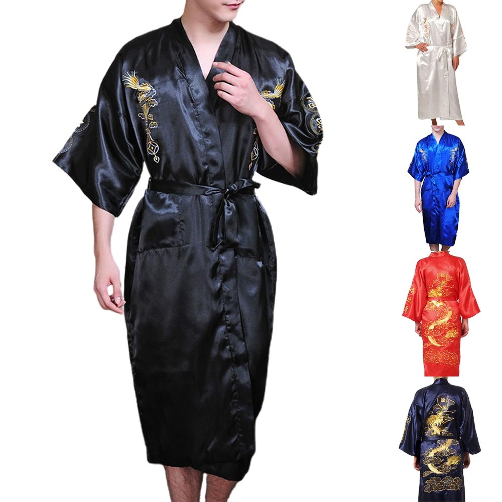 Joylife-Men Satin Chinese Dragon Kimono Silk Bathrobe Pajamas Sleepwear ...