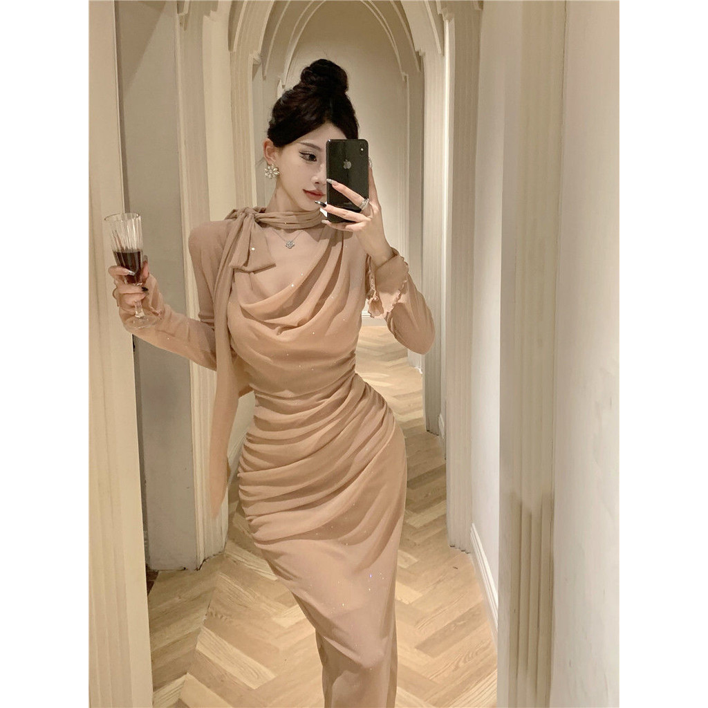 Mocha Mousse Dress Gown Pantone Color of Year 2025 Khaki Brown Elegant ...