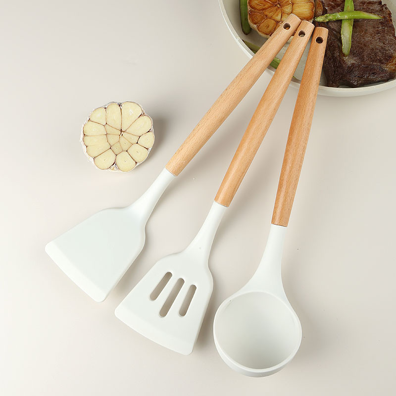 White Silicone Kitchenware Cooking Tool Set With Wooden Handle Non ...