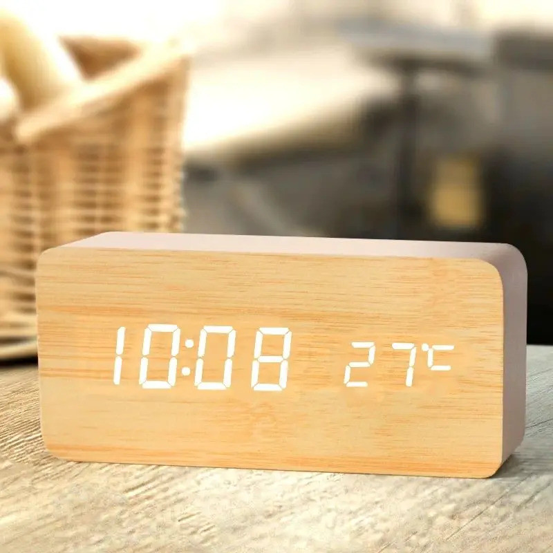 Wooden Digital Alarm Clock, LED Alarm Clock with Temperature Desk ...