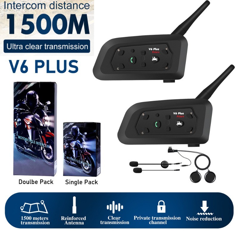 New V6 Plus Motorcycle Helmet Intercom 2-Way 1500M Bluetooth Headset ...