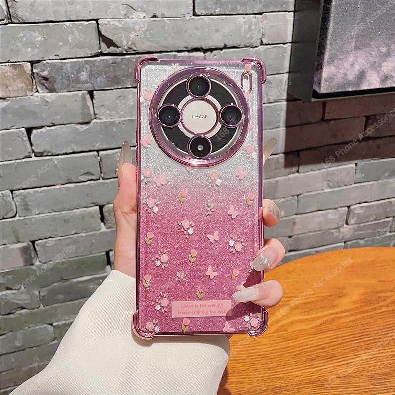 For Honor X9A X9B X9C 5G Case Shiny Butterfly Pink Flower Clear Jelly ...