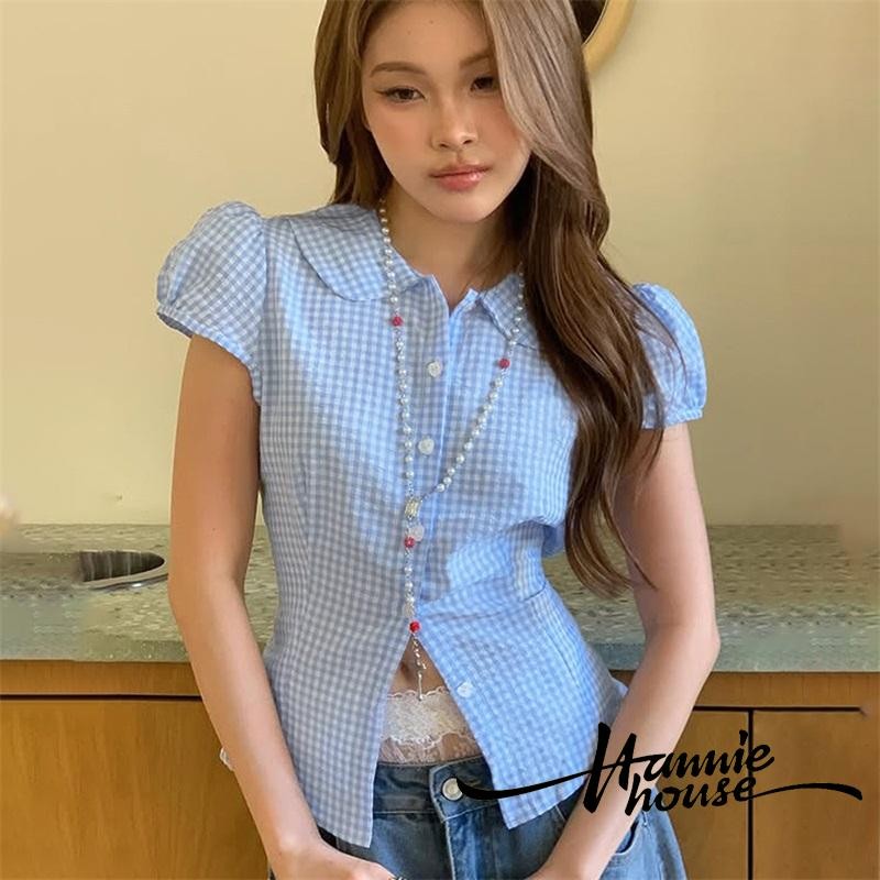 HANNIE House- Women’s Short Sleeve Doll Collar Tie Back Button Down ...