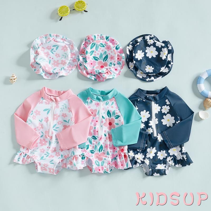 KIDSUP1-Toddler Girls Rash Guard Swimsuit Rompers Long Sleeve Floral Print Baby Ruffle Bathing ...