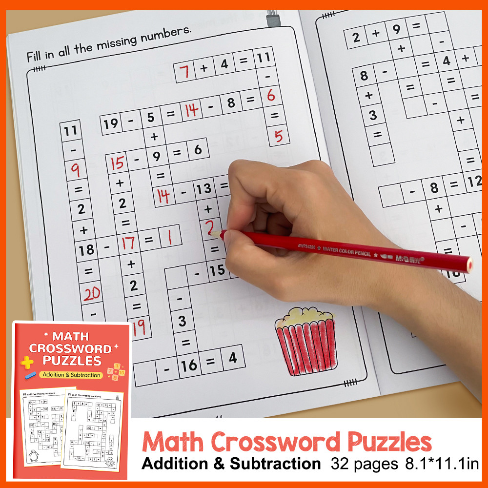 Math Crossword Puzzle Workbook for Kids: Fun Addition & Subtraction ...