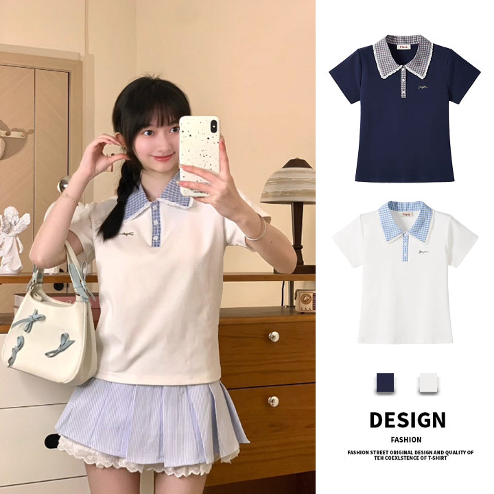 Women Polo Shirt Lace Plaid Contrast Binding Skinny Short Sleeve Casual ...