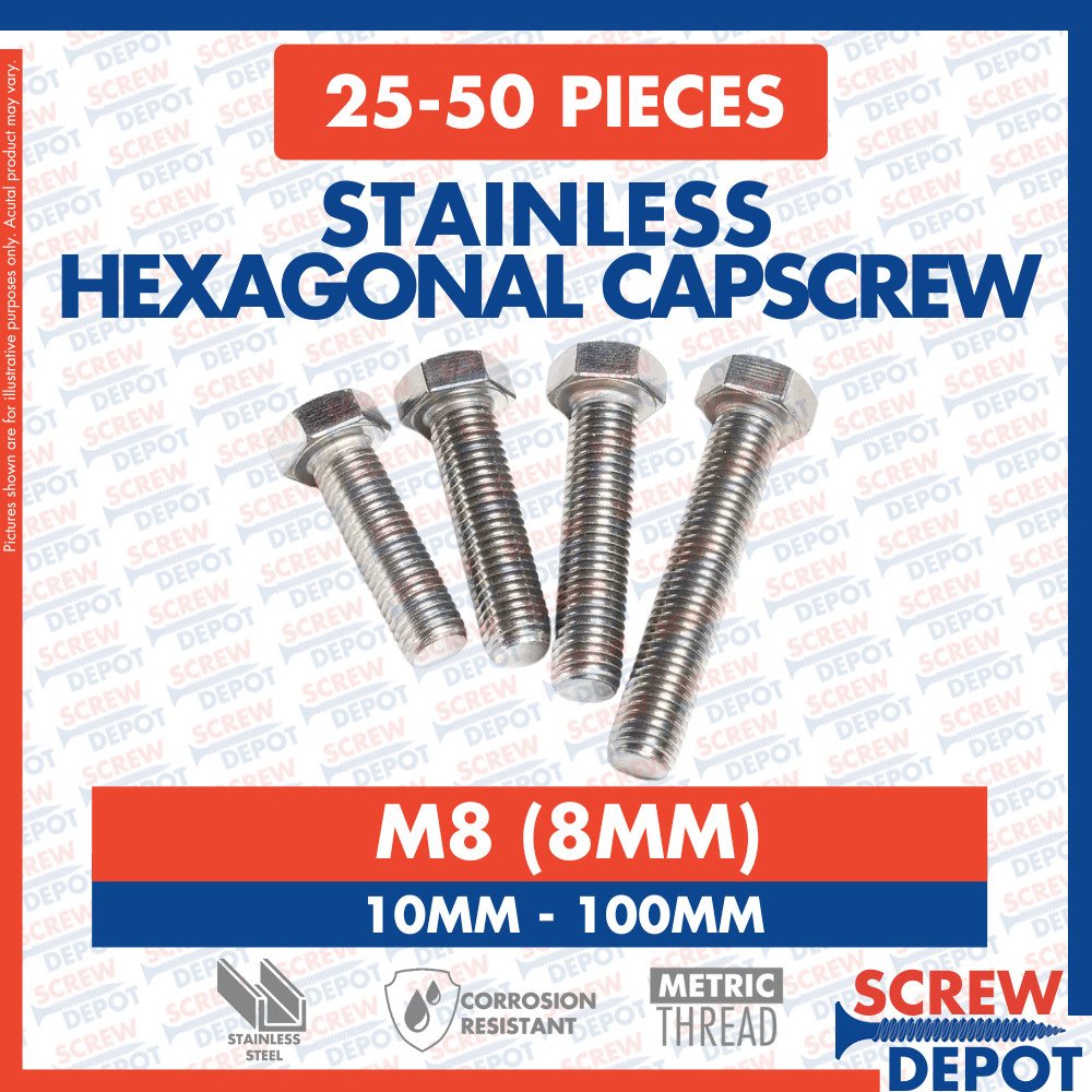 25-50PCS M8 (8MM) SS Hex Bolt / Capscrew / Stainless Hexagonal Cap ...