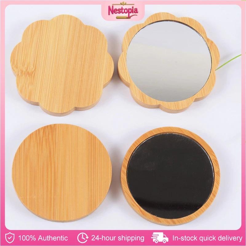 【COD】Portable Wooden Bamboo Round Mirror Vintage Make Up Mirrors with ...
