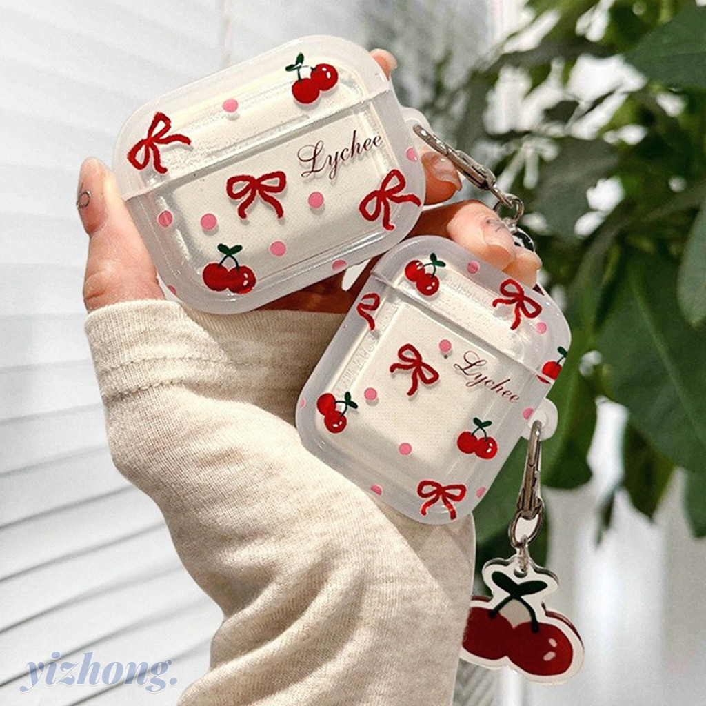 Earphone Case For Airpods 4 Pro 2 3 1 Girly Sweet Red Bowknot Cherry Pattern Soft TPU Shockproof ...