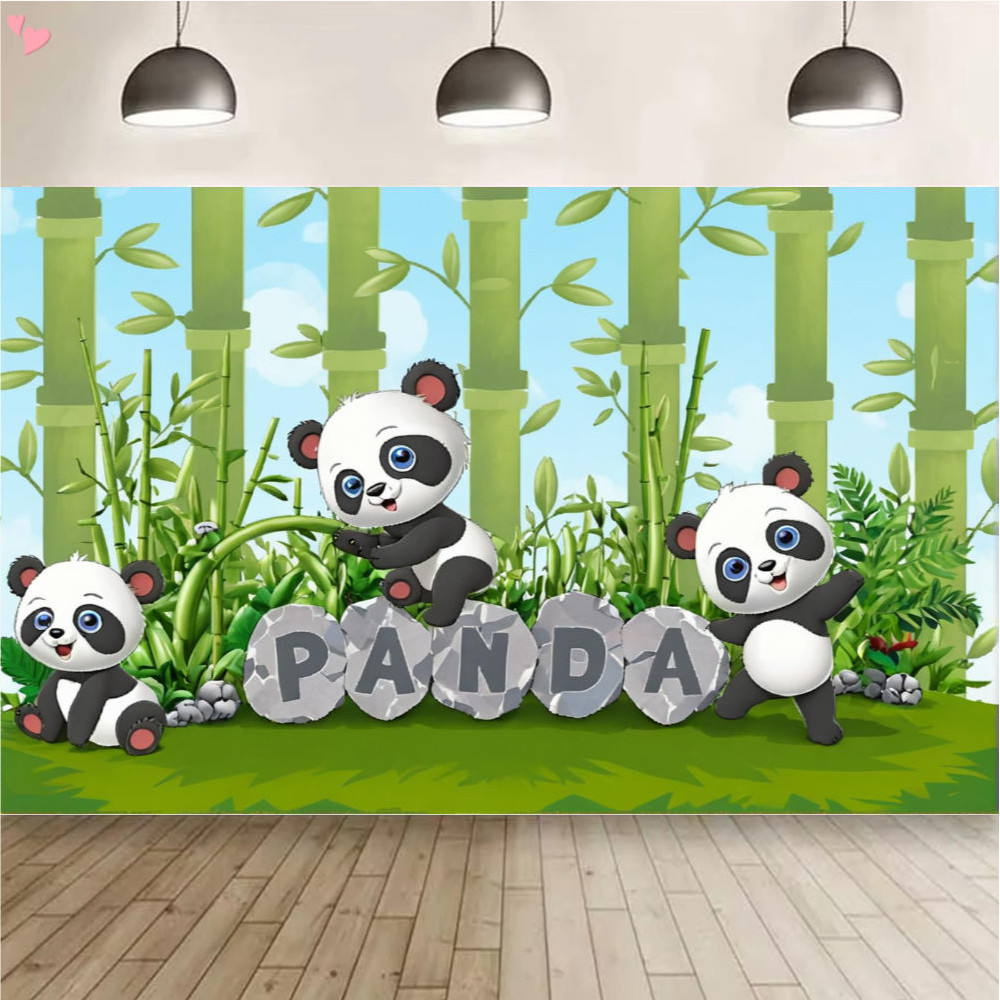 Panda Backdrop Cartoon Cute Panda Playing in Bamboo Forest Lawn ...