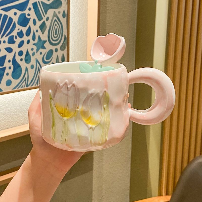 Ins Style Tulip Ceramic Mug with Lid Spoon Girls Coffee Breakfast Cup ...