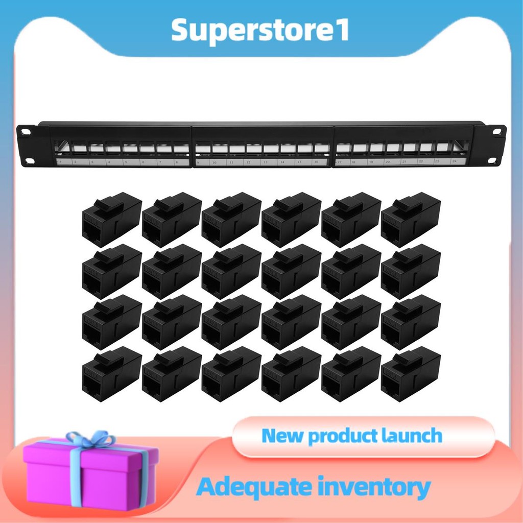 19Inch 1U Cabinet Rack Pass-Through 24 Port CAT6 Patch Panel RJ45 ...