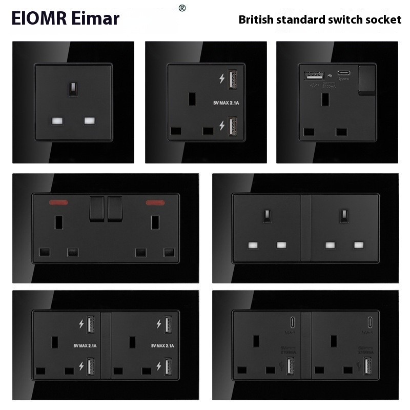 Glass Black 13A British Standard Switch Socket USB+typeC Square Hole ...