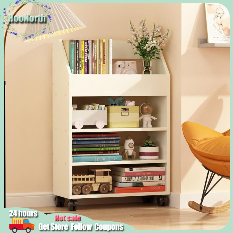 Movable Bookcase Stand Shelf with Wheels Wooden Bookcase File Organiser ...