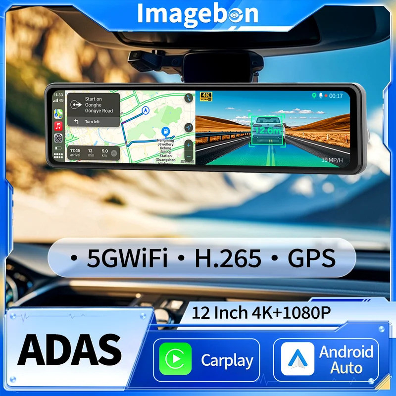 Imagebon 12 Inch 4K Car Mirror Wireless CarPlay Android Auto ADAS Rearview Mirror Camera GPS AUX ...
