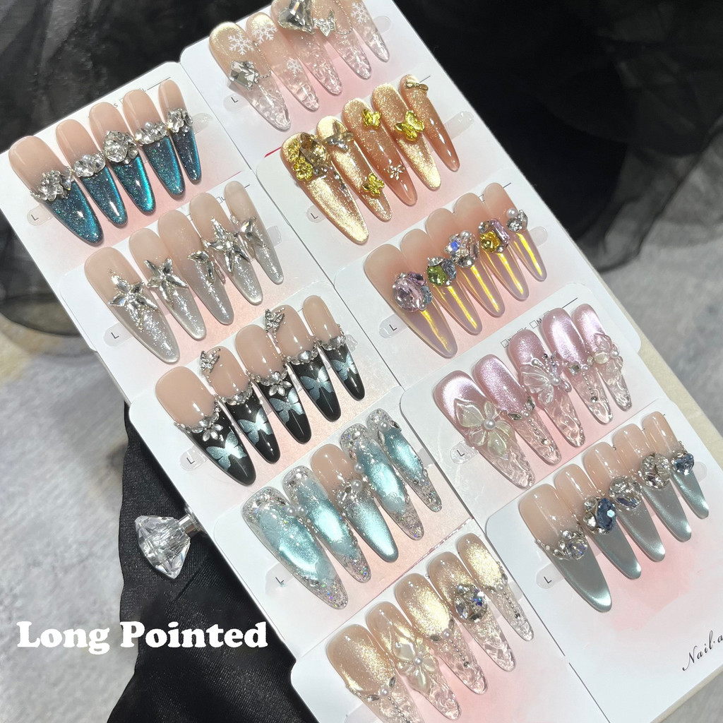 【5in1 Toolkit+HANDMADE】Press on Nails Long Stiletto Cat Eye French ...