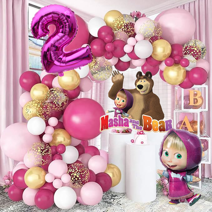 1Set Hot Pink Masha Theme Balloon Garland Set Masha and The Bear ...