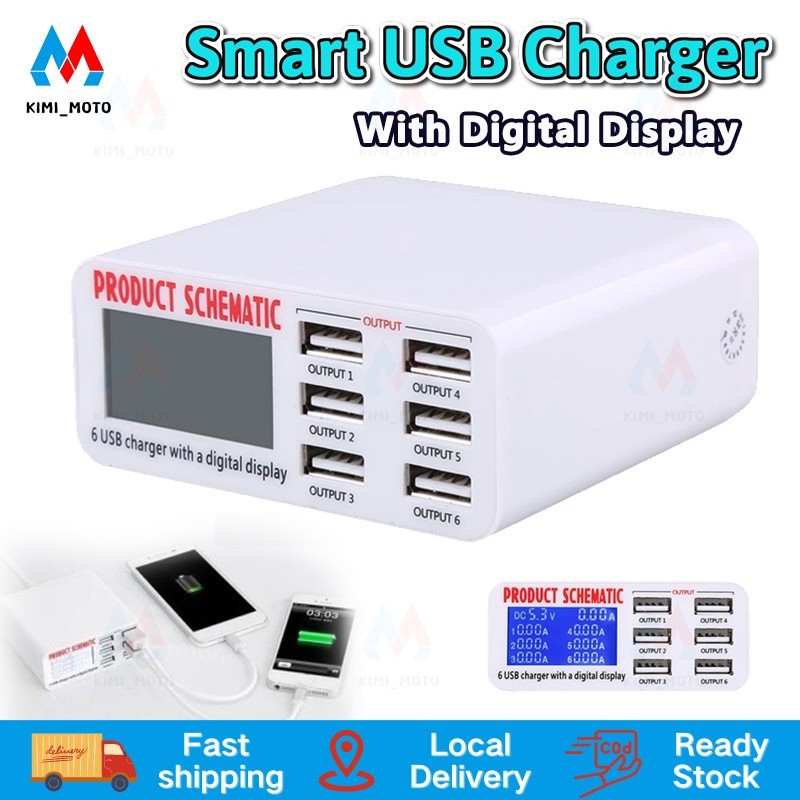 6 USB Port Charger with DIGITAL Digital Display Fast Charger USB ...
