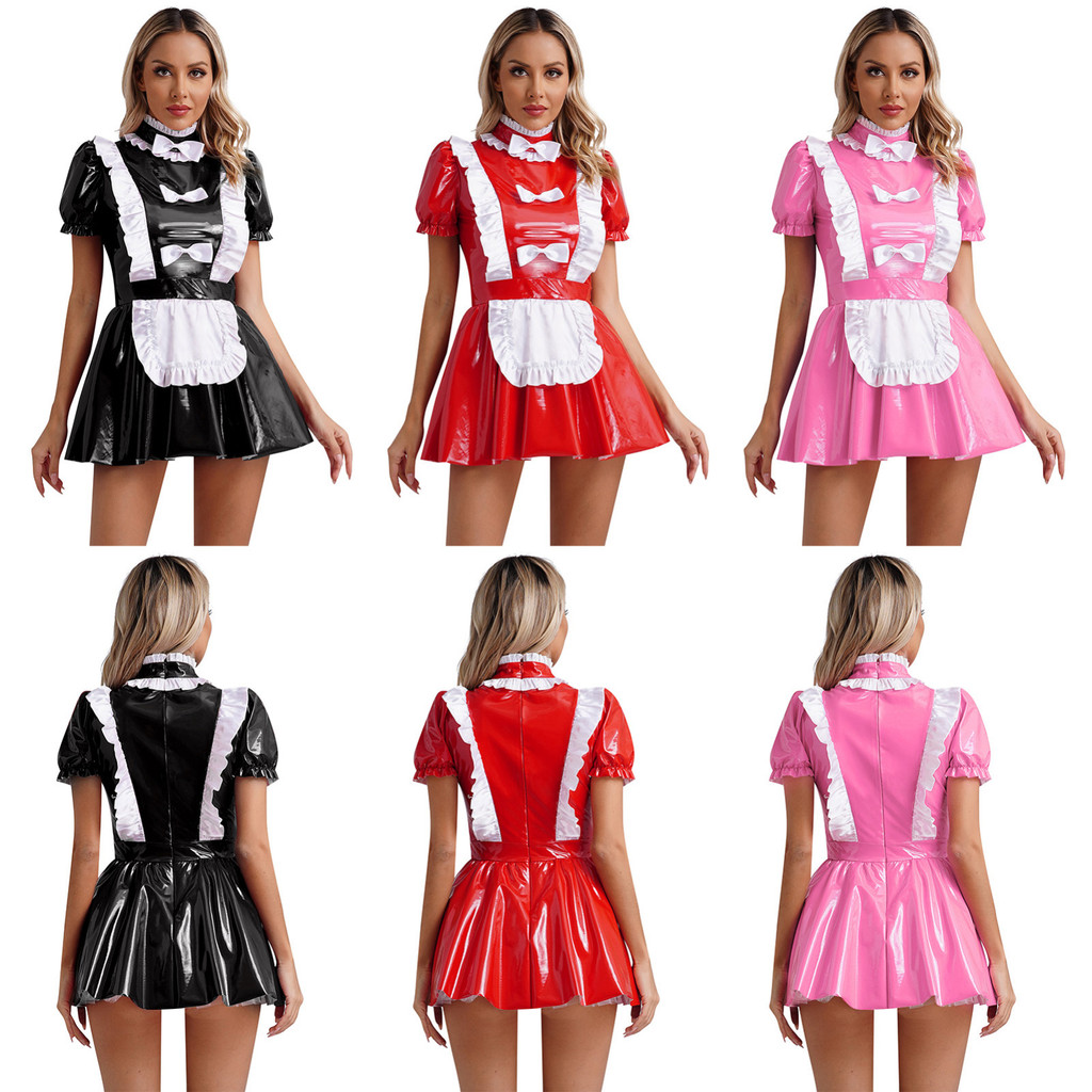 Moggemol Womens Glossy Patent Leather Maid Dress Ruffles Trims Bow ...