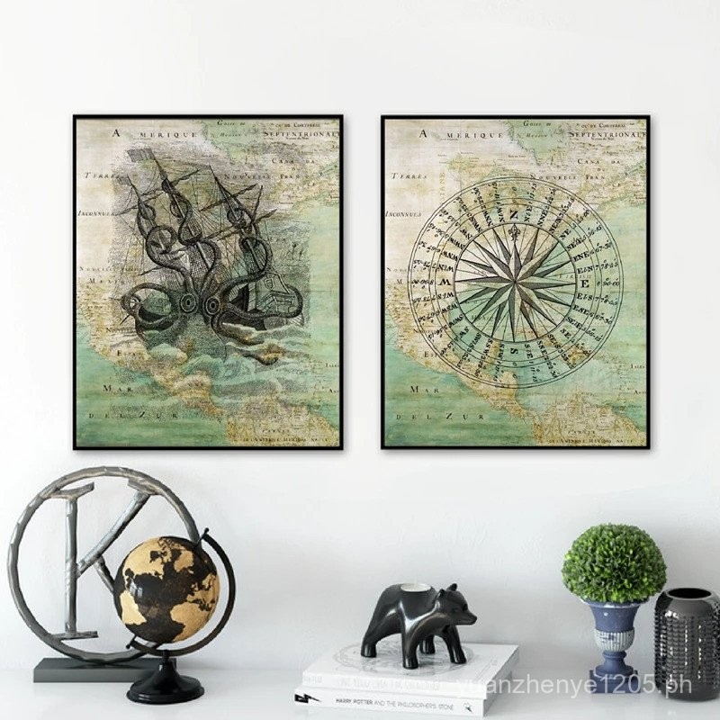 Vintage Map of North America Yacht Sailing Compass & Octopus Kraken Sea ...