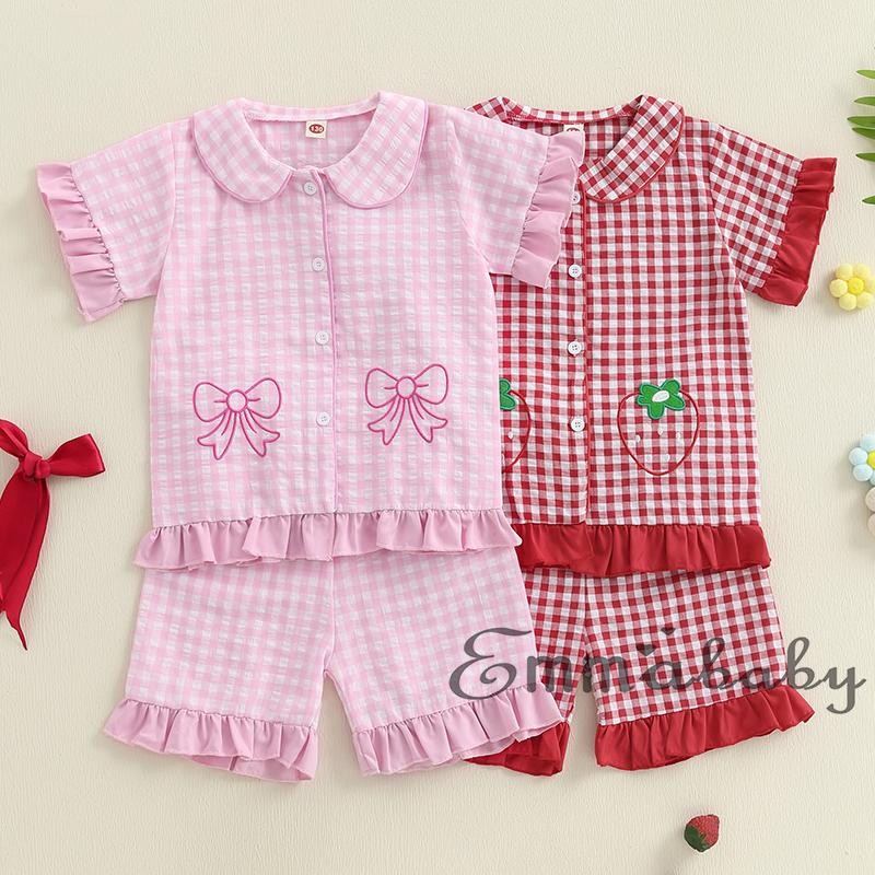 Emma-Kids Girls Pajamas Set Plaid Bow/Strawberry Embroidery Short ...