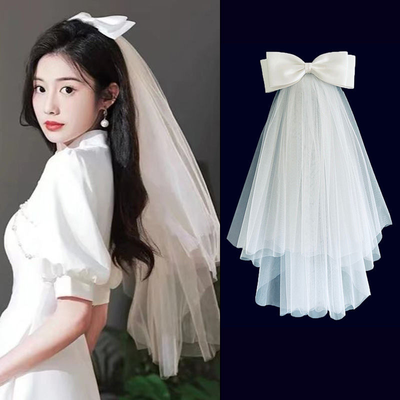 New Bridal Veil Short Internet Celebrity Two-Layer Bow Ribbon Simple ...
