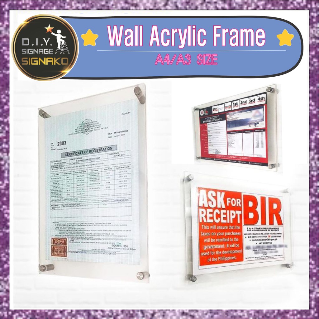 A4 A3 Size Wall Acrylic Frame w Bolt / Office Business Permit ...