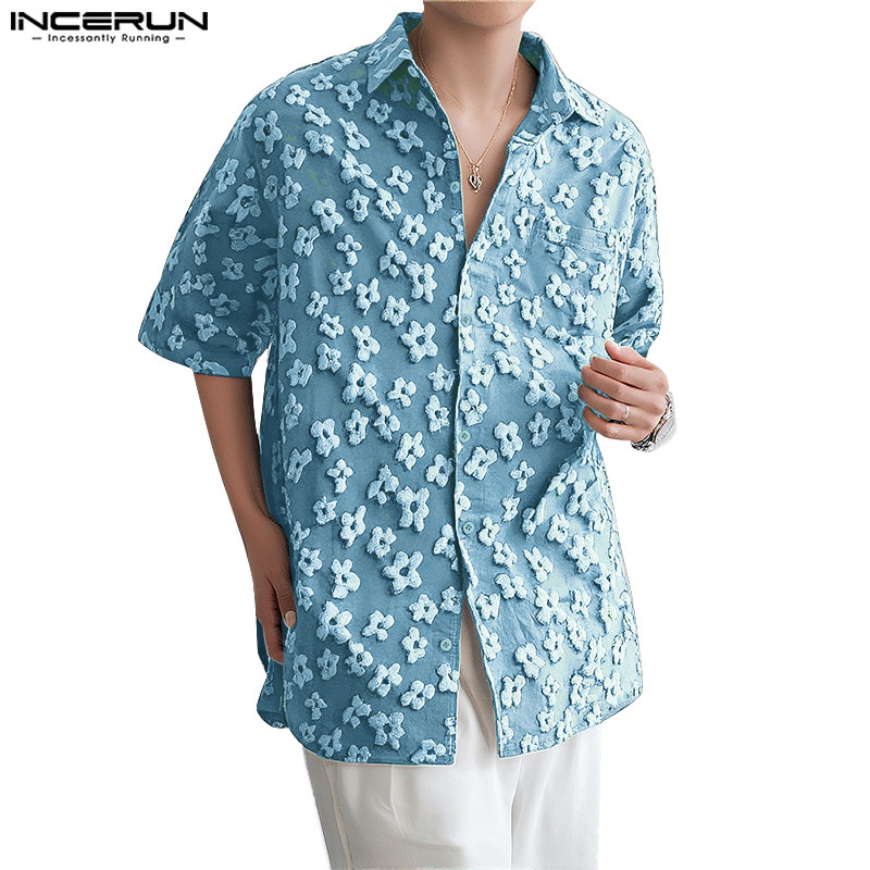 INCERUN Men's Fashion Jacquard Relief Flower Small Flower Short Sleeve ...