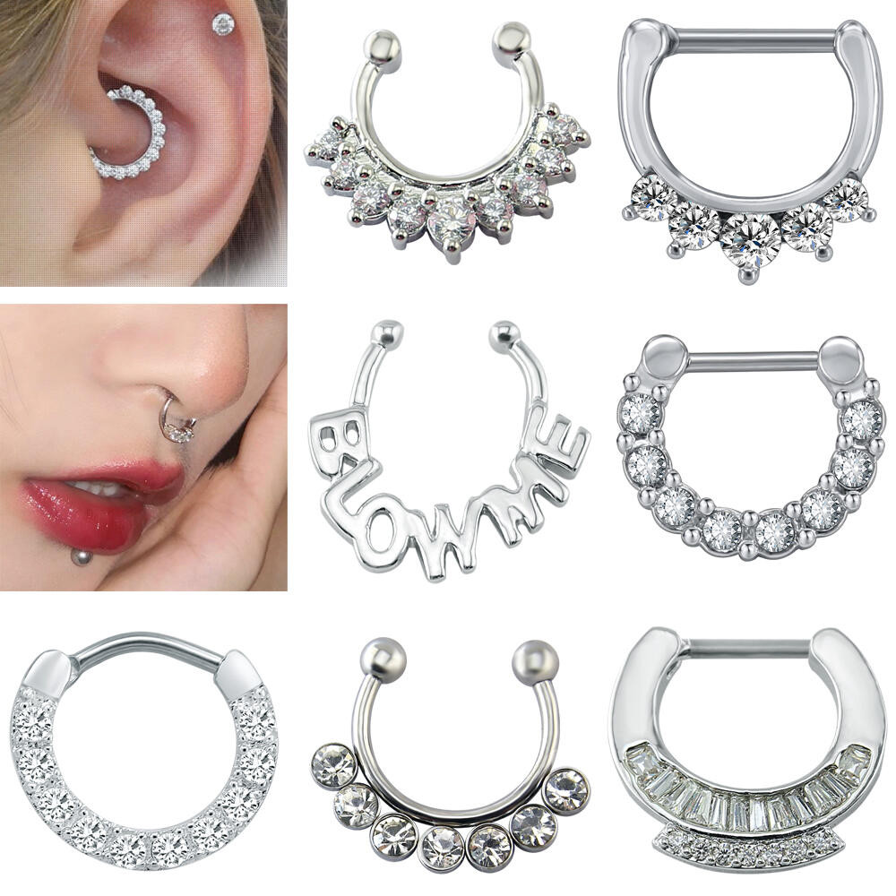 1PC 16G Nose Rings Piercing Crystal Fake Septum Piercing Silvery Septum ...