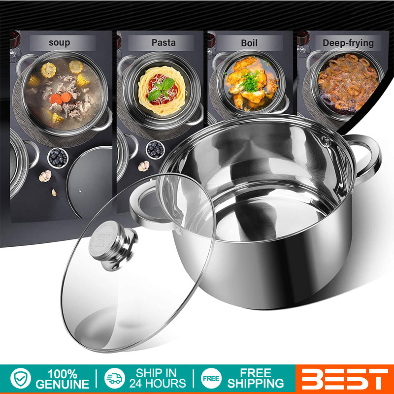Stainless Casserole Cookware Double Handle Soup Pot With Glass Cover ...
