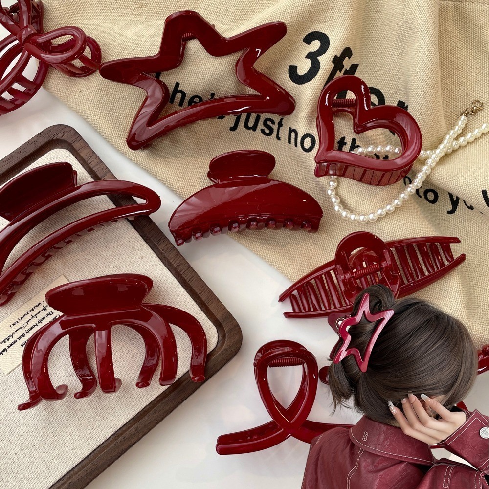 Retro Red Simple Grab Clip Hair Clips French Versatile Temperament ...