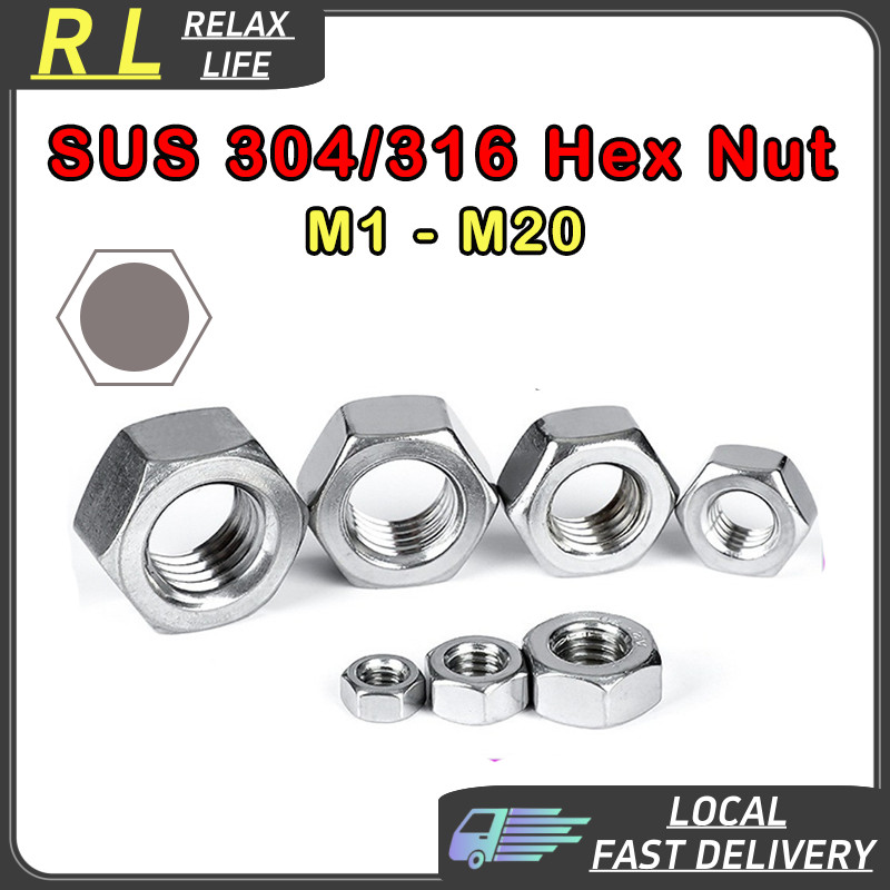 [RL] SUS 304/316 Hex Nut M1-M20 Stainless Steel Carbon Hexagon Nut DIN934 High Tensile Oxide M1 ...