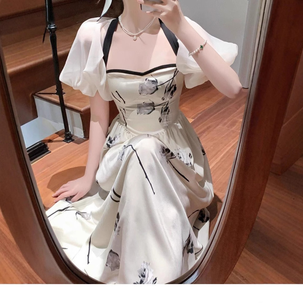 2025New Style Puff Sleeve French Dress Women's Retro Square Collar ...