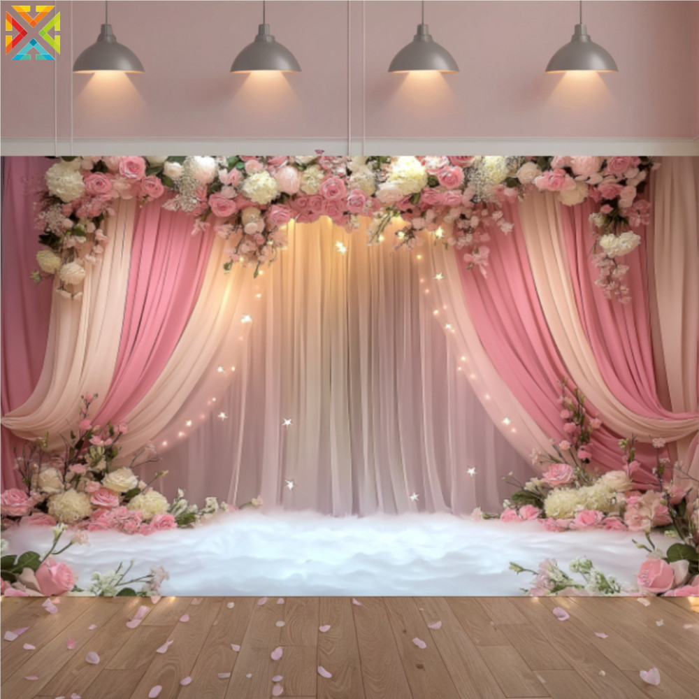 Romantic Pink Floral Polyester Background Photo Booths Decorate Bridal ...